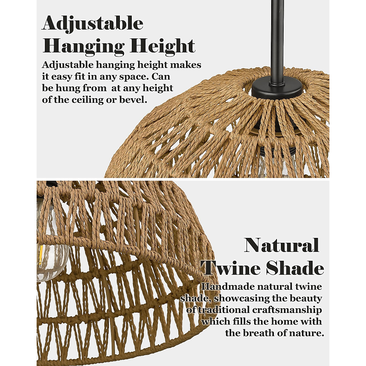 ELYONA Modern Boho Pendant Lights, Hand Woven Hanging Lamp with Dome Basket Shade & Rubber Wood Floor Lamp with Table for Farmhouse Kitchen Island Dining Room Living Room Hallway