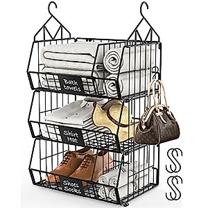 REFLYING 3 Tier Foldable Closet Organizer, Closet Organizers and Storage with 4 S Hooks,Kids Closet Organizers and Storage,Closet Hanging Basket,Metal Drawers for Closet,Black