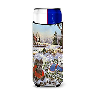 Caroline's Treasures PPP3170MUK Scottie and Westie Christmas Pine Hill Ultra Hugger for slim cans Can Cooler Sleeve Hugger Machine Washable Drink Sleeve Hugger Collapsible Insulator Beverage Insulated