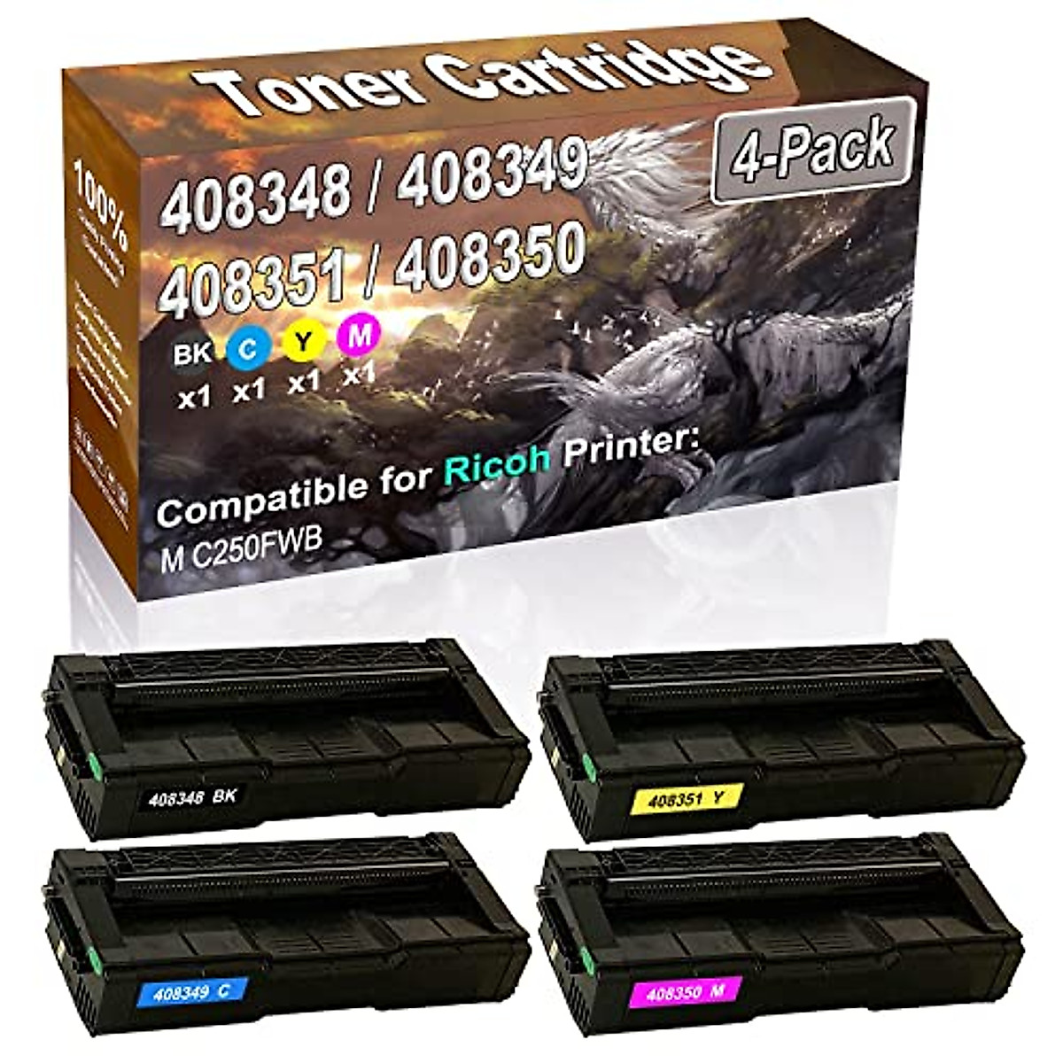 4-Pack (BK/C/Y/M) Compatible M C250FWB Color Toner Cartridge (High Capacity) Replacement for Ricoh M C250 (408348 408349 408351 408350) Printer Toner Cartridge