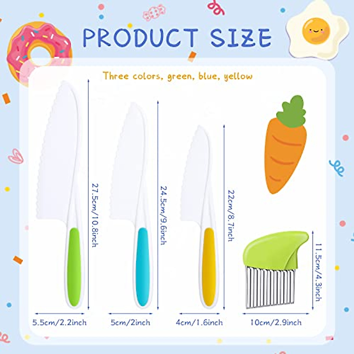 4 Pcs Kids Knife Toddler Safe Cutter Serrated Edges Set for Kitchen Cooking Plastic Children's Cooking Friendly Knife and Crinkle Cutter for Fruit Cake Food Vegetable (Green, Blue, Yellow)