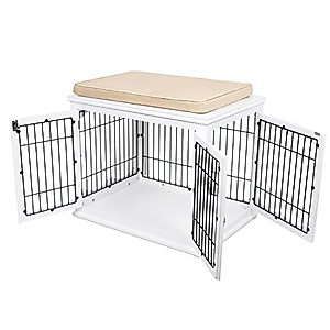 BIRDROCK HOME Decorative Dog Kennel with Pet Bed for Small Dogs - White - Double Door - Wooden Wire Dog House - Indoor Pet Dog Crate Side Table - Bed Nightstand