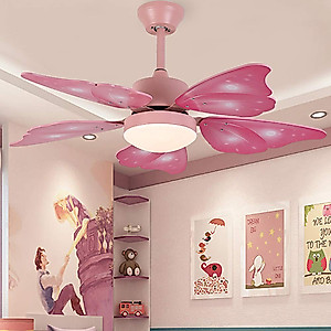 KWOKING Lighting Creative Butterfly Wing Ceiling Light and Fan with Remote Control 5 Blades LED Bedroom Hanging Fan Light Adjustable Speed for Kids Bedrooms - Pink