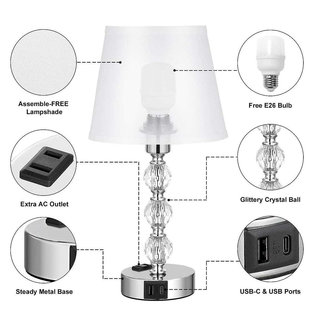 Bedside Lamps for Bedrooms Set of 2 - Crystal Nightstand Bedroom Lamp with Two USB Charging Port, 3 Way Dimmable Touch Small Bed Side Table Lamp, Silver Night Stand Light for Living/Guest/Dinning Room
