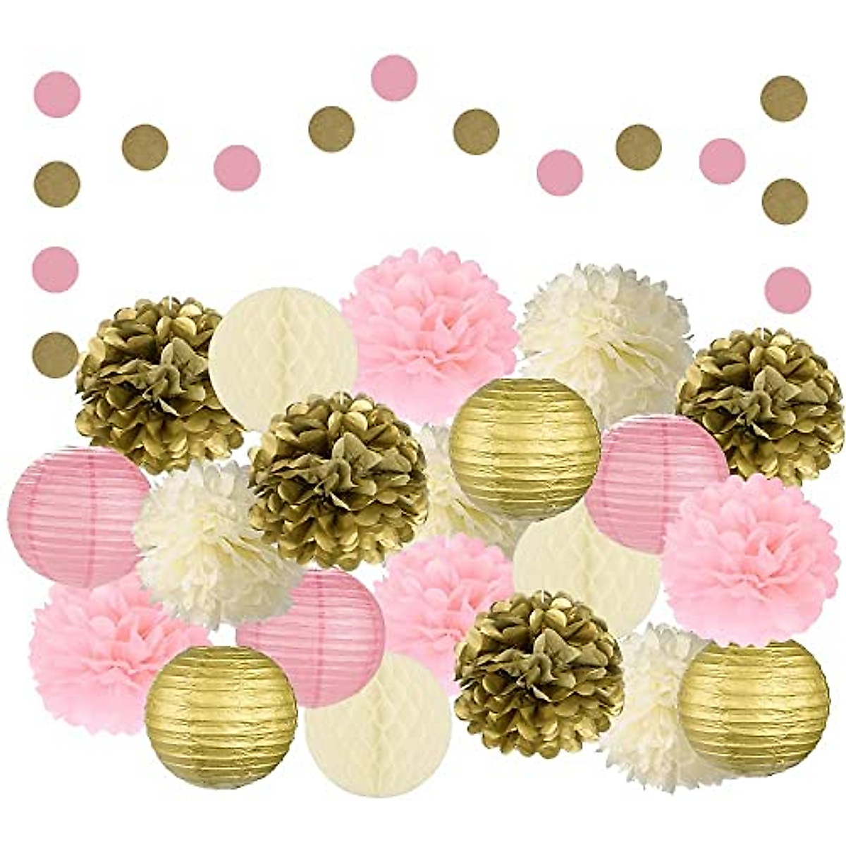 EpiqueOne 22-Piece Tissue Paper Pom Poms and Paper Lantern Party Kit - Add a Splash of Pink, Gold, & Ivory to Your Celebrations! Perfect for Birthdays, Bridal Showers, Baby Showers, Weddings & More