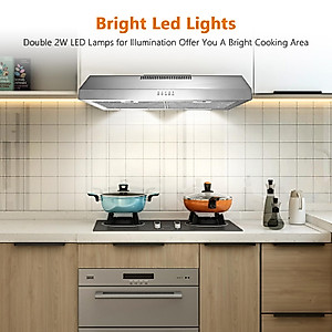 Range Hood 30 inch, 600 CFM Under Cabinet Range Hood with Strong Suction for Duct/Ductless Convertible, Stainless Steel Kitchen Hood with 3 Speed Exhaust Fan and Two Bright LED Lights