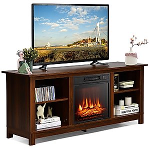 Tangkula Fireplace TV Stand for TVs up to 65 Inches, with 18 Inches 1400W 5,000 BTU Electric Fireplace Insert, Adjustable Flame Brightness & Heat, Timer and Remote Control (Walnut)
