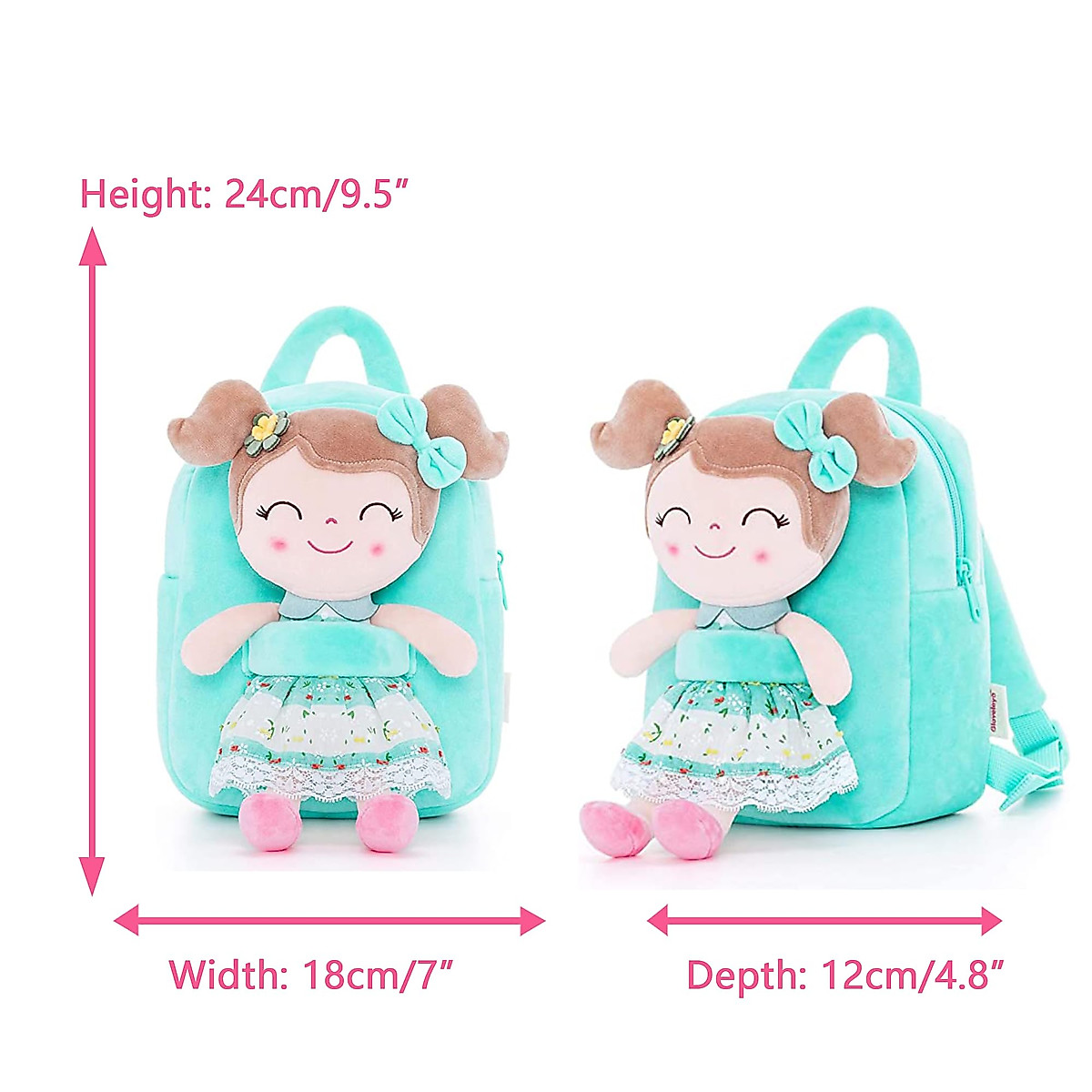 Gloveleya Kids Backpacks Girls Backpack Plush Bags with Soft Baby Doll Green 9"