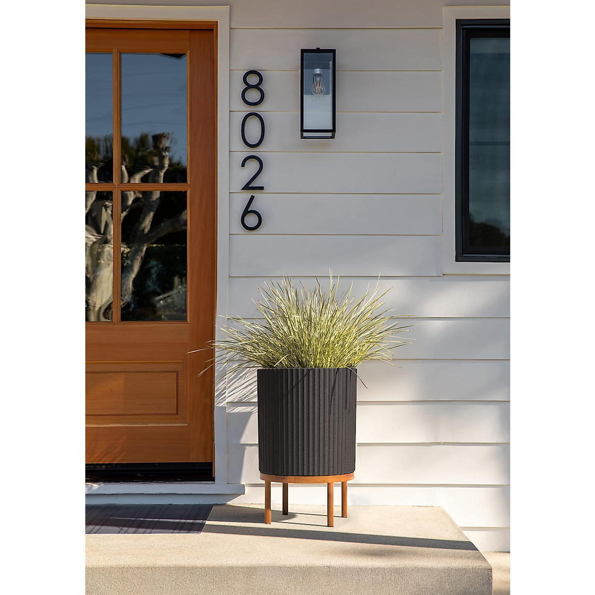 Veradek Demi Series Round Planter w/ Stand for Porch/Patio | Durable Plastic-Concrete & Wooden Stand | Modern Décor for Tall Plants, Flowers