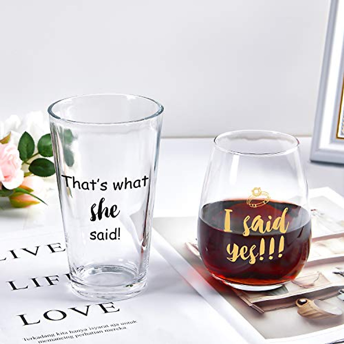 I Said Yes That’s What She Said Stemless Wine Glass and Beer Glass Combo, Good Engagement Gifts Unique Gifts for Couples Him Her Newlyweds Valentine’s Day Bridal Shower Wedding Gift, Set of 2