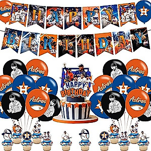 Astros Baseball Birthday Party Decorations ,Astros Baseball Birthday Party Favor with Banner, Ballons,Cake Topper, Cupcake Toppers for Boys Girls Fans Baseball Party Supplies