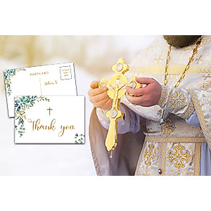 Eyouyeqi Baptism Thank You Post Cards, Greenery Baby Shower Thank You Card, Gold Foil 1st Communion Religious Christening Ceremony Celebration, Gender Reveal Party Decorations - A03(25 Pack)