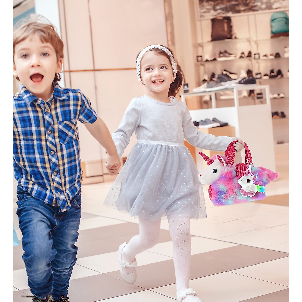 DolliBu Unicorn Bags and Keychain Set of 3-2 Unicorn Stuffed Animal Purse Bags for Girls and 1 Keychain, Removable Unicorns in Sequin and Furry Handbags for Dress Up