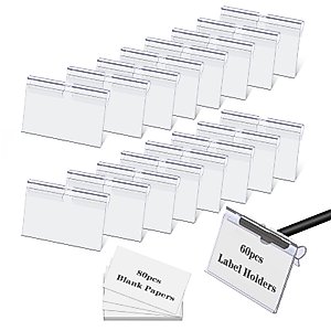 Storage Bin Labels Clip On,60PCS Clear Plastic Bin Labels Clips,Extra 80 Label Papers Included,Perfect for Wire Shelf,Baskets,Fabric Storage Cubes,Storage Closet,Cloth Bins,Food Pantry (6X4.2CM)