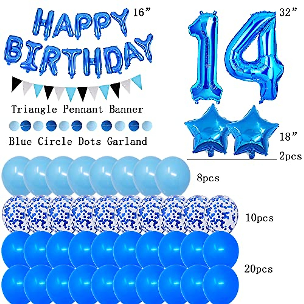 Succris 14TH Blue Theme for 14 Years Old Birthday Party Supplies Blue Happy Birthday Banner Blue Circle Dots Garland Paper Hanging Triangle Flag Banner Confetti balloons Number 14 Blue