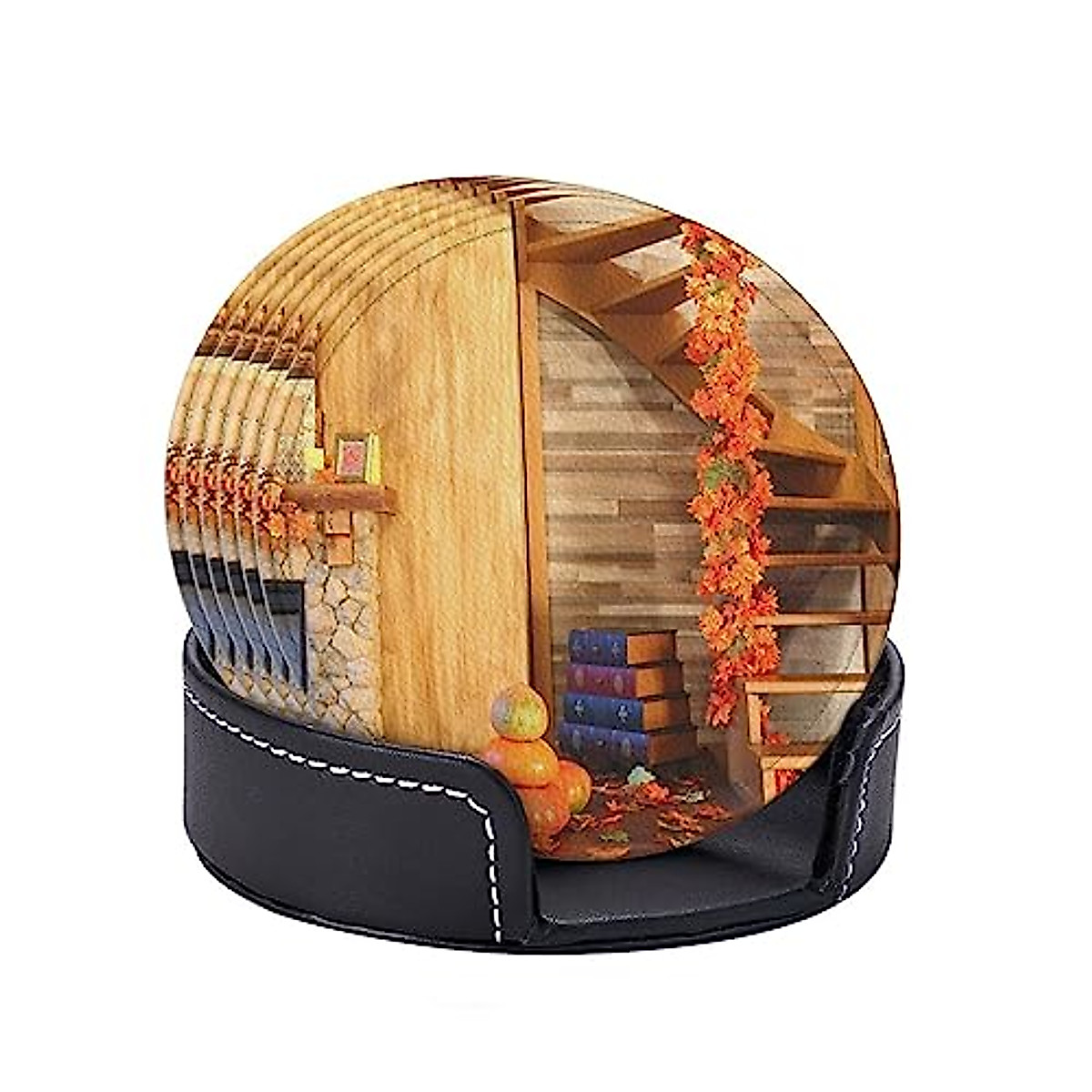 Halloween Pumpkin Sunflower Printed Coasters Set of 6 Pu Leather Round Coasters with Holder Heat Resistant Drink Coasters Coffee Cup Mat for Kitchen Office Bar