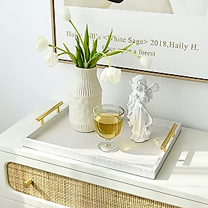 JUMBO HUMBLE Modern Elegant Large Wood Serving Tray, Set of 2 Pearl White Crocodile Leather with Gold Polished Metal Handles, Rectangle Decorative Tray Ottoman Tray Coffee Table Tray for Living Room