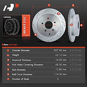 A-Premium 12.23 inch (310.6mm) Rear Drilled and Slotted Disc Brake Rotors Compatible with Select Nissan and Infiniti Models - Pathfinder 2013-2019, Quest, Murano, Q50, Q60, Q70, FX35, FX37, M37