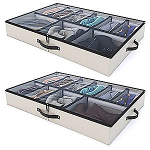 Woffit Under Bed Shoe Storage Organizer - Set of 2 Large Containers, Each Fits 12 Pairs of Shoes - Sturdy Box w/Adjustable Dividers - Underbed Shoe Storage for Kids & Adults, Beige