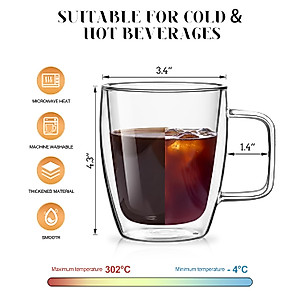 OJA Double Walled Coffee Mugs Set of 4-12.5oz Clear Coffee Cup with Handle for Cappuccino, Tea Bag, Latte Espresso Americano - Insulated, Heat Resistant Beverage Glasses Borosilicate Glass