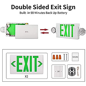 Green LED Exit Sign Emergency Lights with 2 Adjustable Head Lights, Green Letter Emergency Exit Light With Battery backup For Restaurant, Commercial, Family Emergency, UL-Listed 120-277V