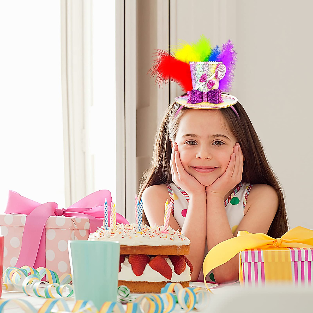 Bnikion Sweet Mini Top Hat Headband with Multicolor Feathers