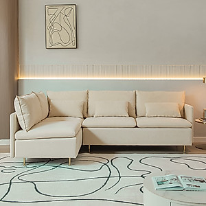 kevinplus 90.9'' Modern Sectional Sofa Couch for Living Room, Modular L-Shaped Corner Sofa Couch 3- Seat for Apartment Studio Home Office, Metal Leg and Cotton Linen Fabric, Beige