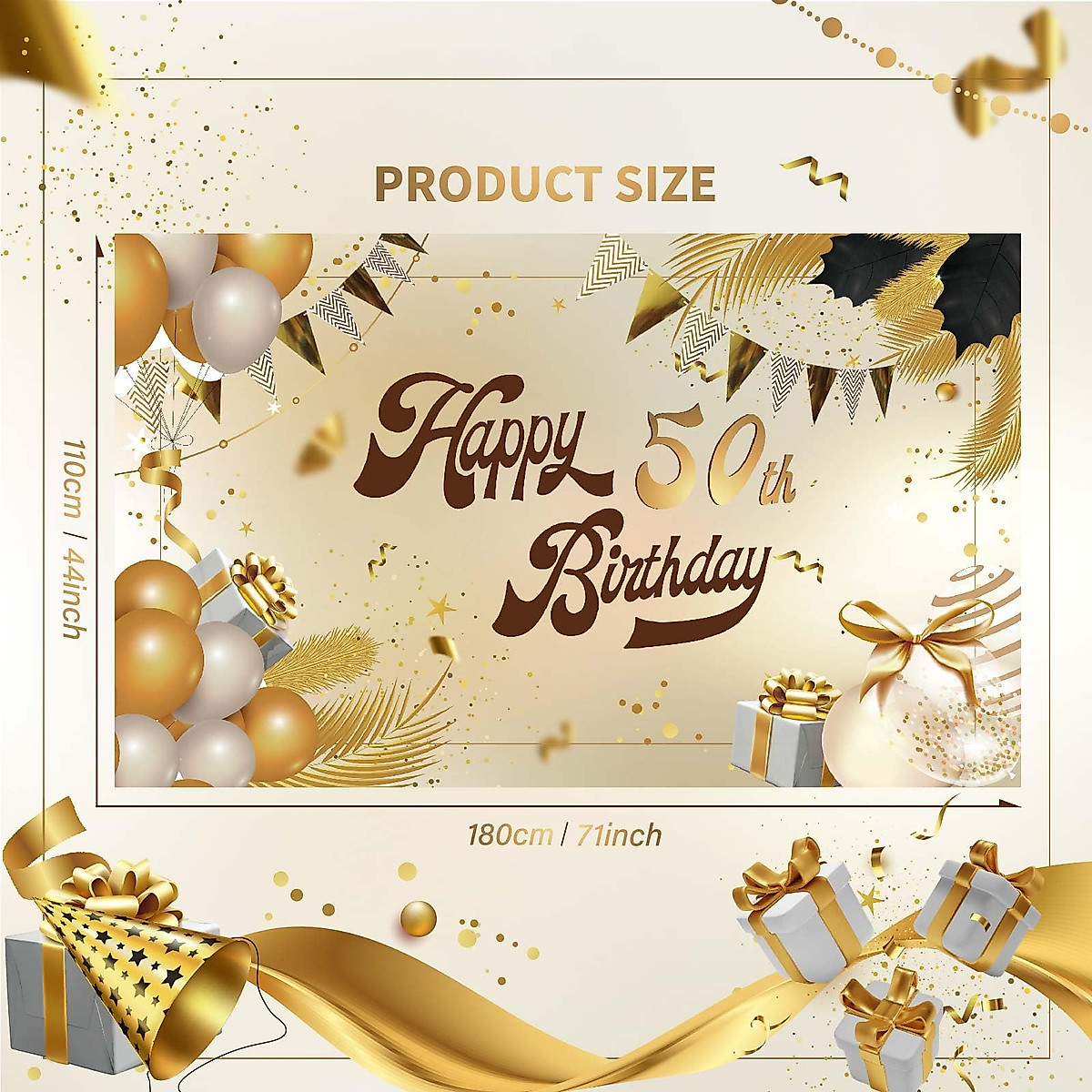 Bing-Haoze 50th Happy Birthday Backdrop-71''x44'' Gold Happy Birthday Decorations Banner Party Decorations Supplies Birthday Banner Sign for Men Women 50th Birthday Party