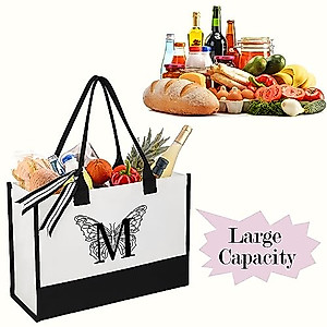 Nuberlic Monogram Letter M Initial Personalized Canvas Tote Bag for Women Butterfly Pattern Reusable Grocery Bags Wedding Birthday Gift