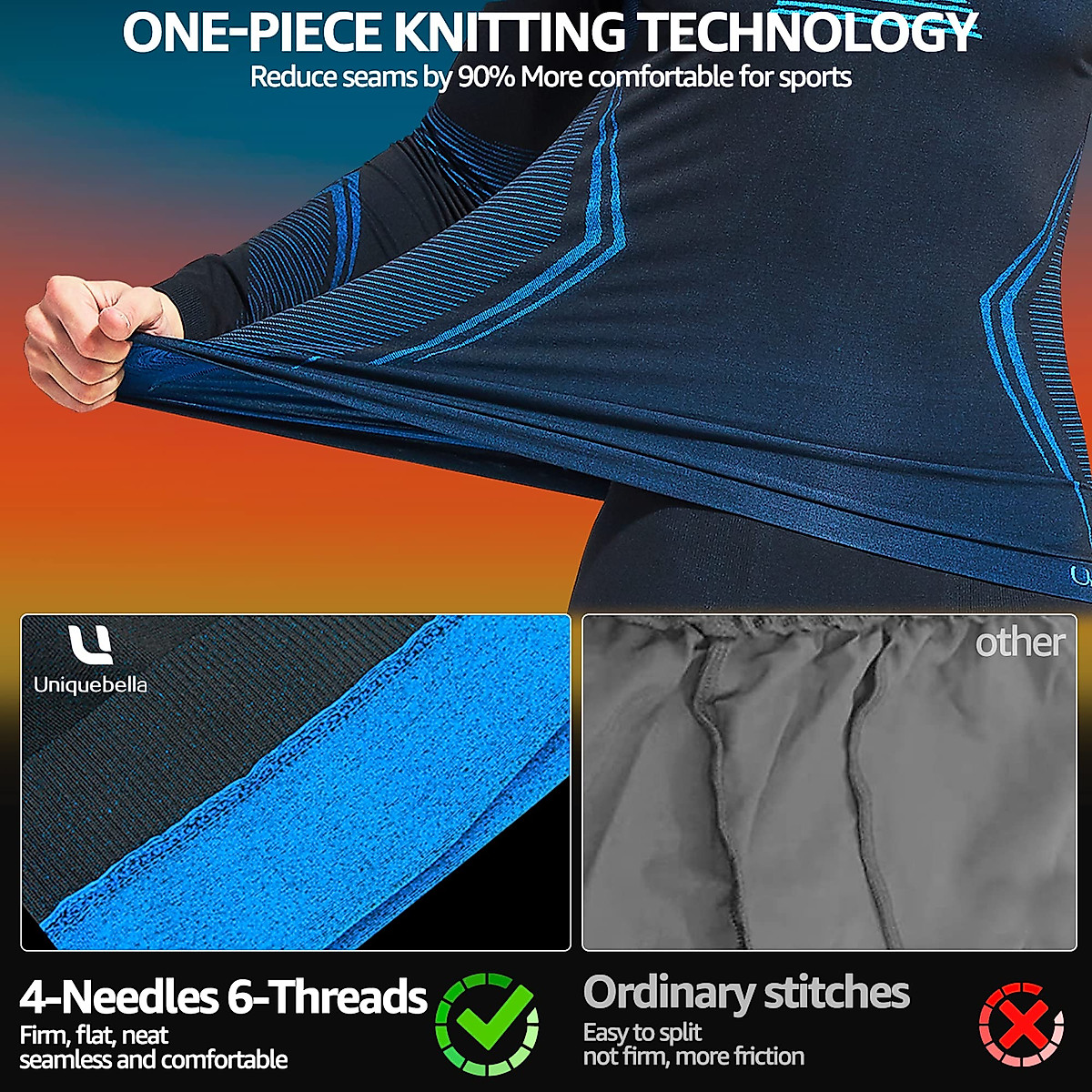 UNIQUEBELLA Thermal Underwear for Men Sets Top Turtle Long Johns Fleece Sweat Quick Drying Thermo Base Layer Blue