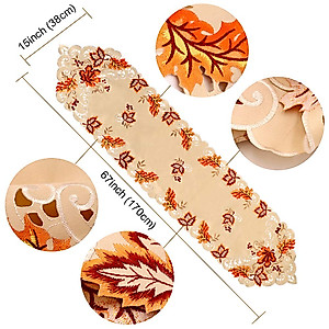 OurWarm Fall Table Runner, Maple Leaves Thanksgiving Table Runner 15 x 67 Inch, Embroidered Autumn Harvest Table Decor for Fall Thanksgiving Decorations