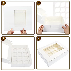 Moretoes Cupcake Boxes 15 Packs White Cupcake Containers 12 Count with Windows and Inserts to Fit Muffins, Cupcake Carrier for Cookies