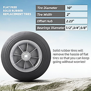 AR-PRO (2-Pack 10'' x 2'' Flat Free Solid Rubber Tire and Wheel, 3/4" & 5/8" & 1/2" Axles Bore Hole with 2.23" Offset Hub, Replacement 10 Inche Wheel for Dolly Hand Trucks and Wheelbarrows