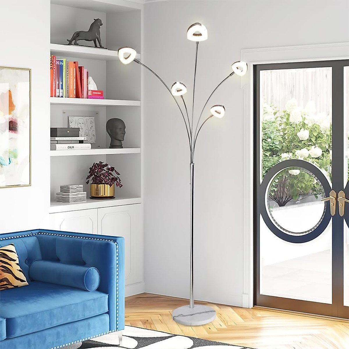 DLLT 5-Light LED Living Room Floor Lamp-Dimmable Bedroom Standing Light with Adjustable Arm & Head, Modern Contemporary Tree Tall Pole Lamps for Office with 3 Brightness Level, Warm White, Sliver