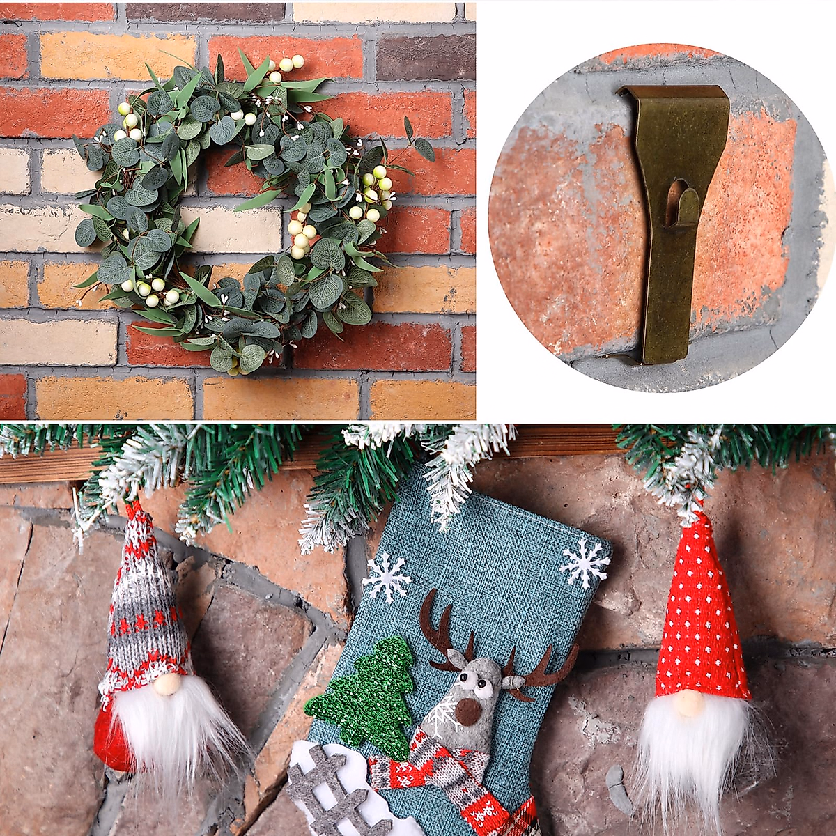 Ripeng 8 Pieces Brick Wall Clips and Hooks for Hanging Outdoors No Drill, Brick Hangers Fit 2-1/4 to 2-3/8 Inch Hooks to Hang Wall Decor, Pictures, Christmas Decorations Hangers (Bronze)