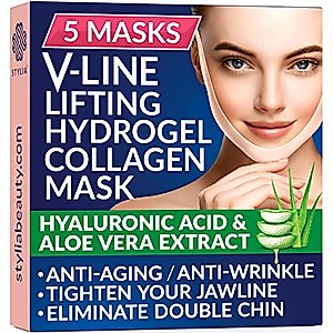 5 Piece Double Chin Reducer - V Line Shaping Face Masks - Lifting Hydrogel Collagen Mask with Aloe Vera - Anti-Aging and Anti-Wrinkle Band