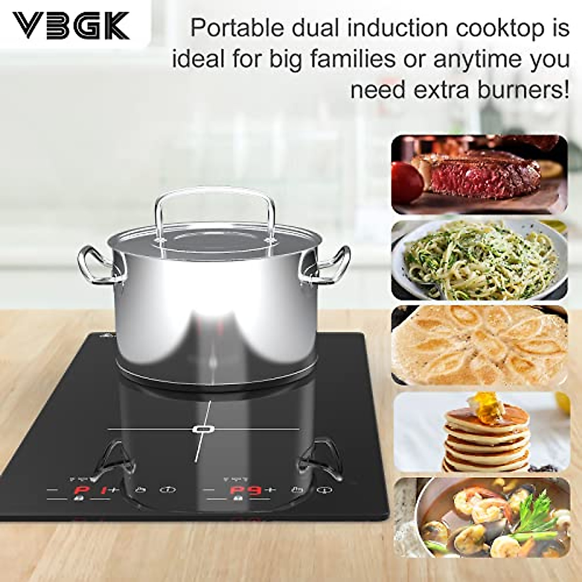 VBGK Double Induction Cooktop, 12 Inch Induction Cooker with induction burner,with LCD Touch Screen 9 Levels Settings with Child Safety Lock & Timer 110V 2 burner induction cooktop