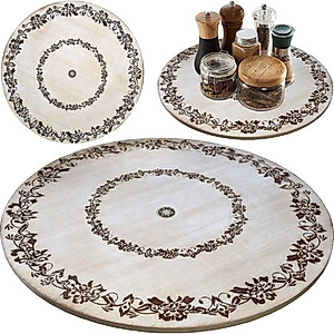 Lazy Susan Organizer Turntable, Low Profile 18” Round Beautiful White Washed Wood with Engraved Artistic Design – Great Gift for Dinner Table, Kitchen