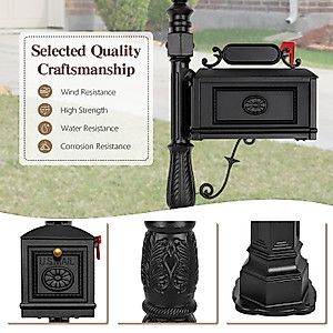 Heavy Duty Mailbox Classic Decorative Cast Aluminum Mail Box Postal Vertical Pedestal (Black)