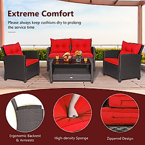 Tangkula 4-Piece Patio Furniture Set, Rattan Wicker Chair Set with 1 Loveseat, 2 Single Sofas, 1 Coffee Table with Tempered Glass Top, Outdoor Furniture Sets for Backyard, Porch, Garden and Poolside