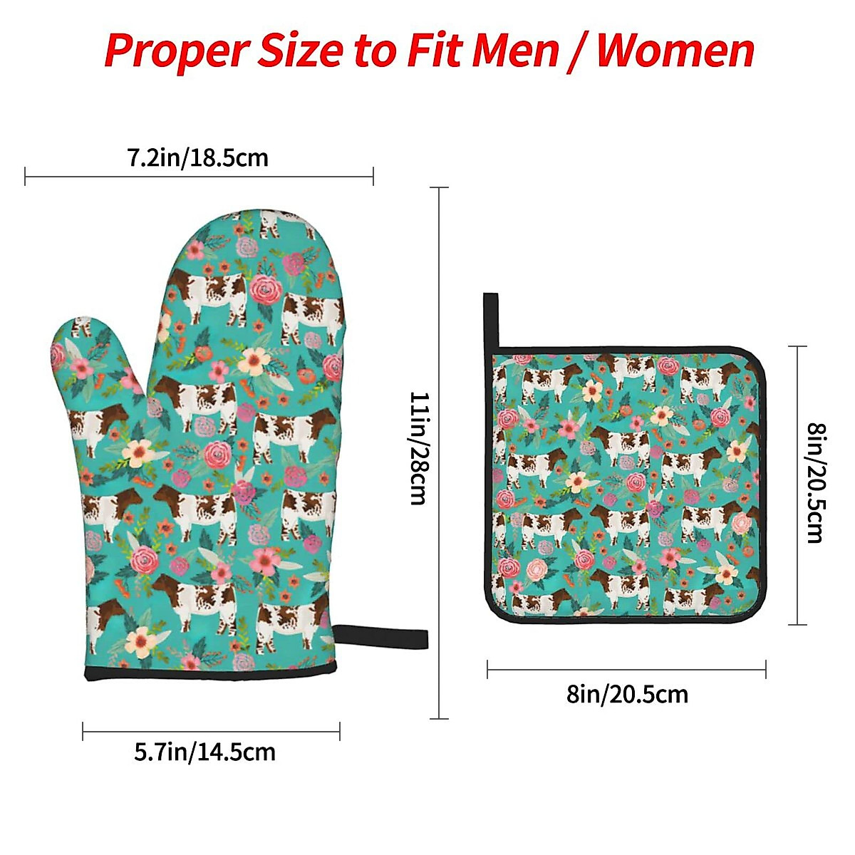 Floral Cow Oven Mitts and Pot Holders Sets, 4 Piece Set, Heat Resistant Polyester Gloves and Pads for Kitchen Cooking Baking Grilling BBQ