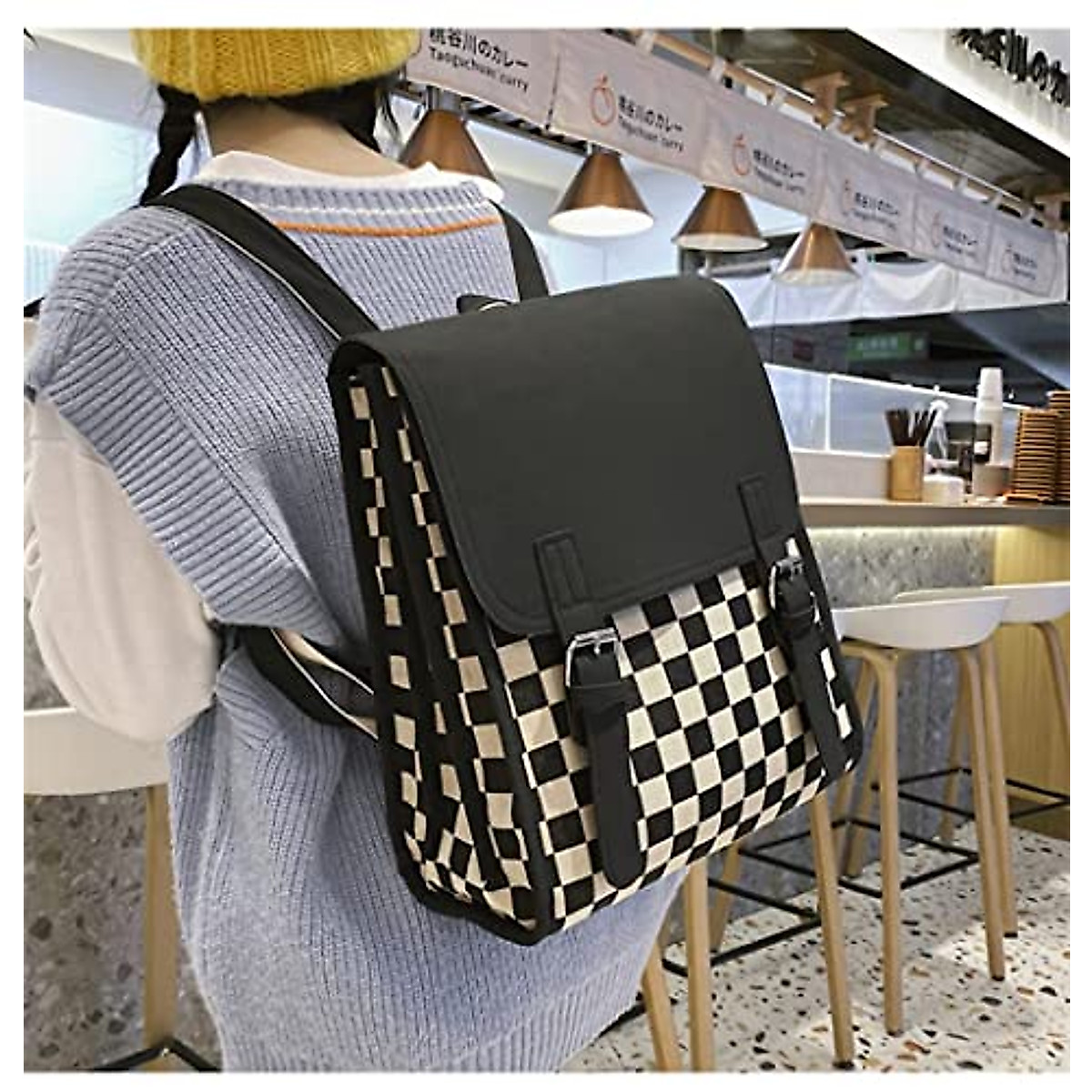Dark Academia Aesthetic Backpack for School Alt Emo Grunge Book Bag Vintage Checkered Preppy Backpack for Women Teen Girls (One Size,Black)