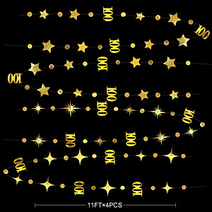 Gold 100th Birthday Decorations Number 100 Circle Dot Twinkle Star Garland Hanging Streamer Bunting Banner Backdrop for Women Mens 100th Anniversary Babys Happy 100 Days Birthday Party Decor Supplies