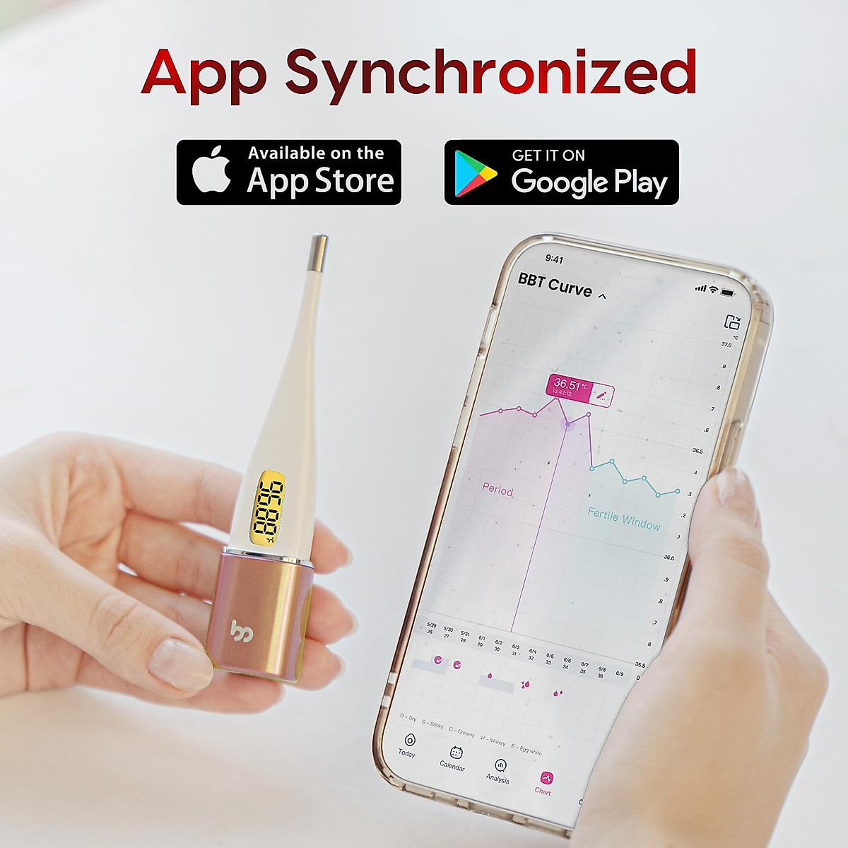 Femometer Smart Basal Thermometer, Intelligent BBT Thermometer with Bluetooth and Backlight, Fertility Monitor Period Tracker, Sync with Femometer APP, Gold