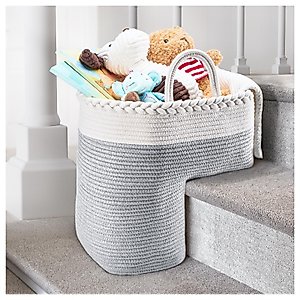 Puricon Stair Basket, Cotton Rope Staircase Basket for Carpeted and Wooden Stairs, Foldable Stair Step Storage Basket Collapsible Stair Organizer with Handle -Greywhite