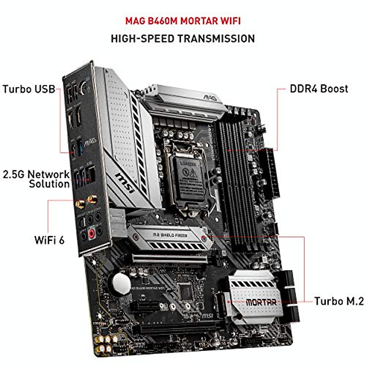 MSI MAG B460M Mortar WiFi Gaming Motherboard (mATX, 10th Gen Intel Core, LGA 1200 Socket, DDR4, CFX, Dual M.2 Slots, USB 3.2 Gen 1, 2.5G LAN, DP/HDMI, Wi-Fi 6 Pre-Certified)