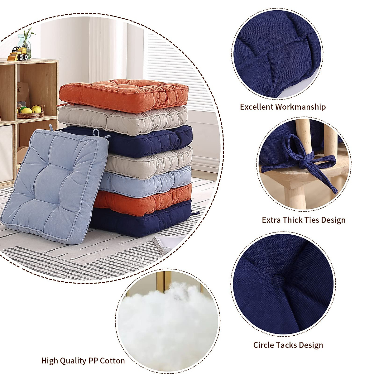 Tiita Chair Pads Cushions 18x18 Inch, Square Floor Pillows Pad for Patio Outdoor Furniture, Kitchen Dining Chairs with Ties Set of 2, Navy Blue