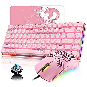 Pink Gaming Keyboard and Mouse,3 in 1 Rainbow LED Backlit Wired Mechanical Keyboard Blue Switch,RGB 6400 DPI Lightweight Gaming Mouse with Honeycomb Shell Gaming Mouse Pad for PC Gamers(Pink)