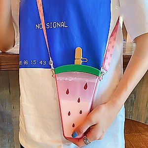 YunQin 320ml Plastic Water Bottles, 4 Colors Cute Watermelon Ice Cream Water Bottle with Straw, Anti-fall Portable Popsicle Shape Water Cup for Girls (pink)