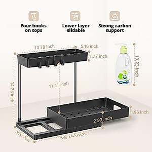 TidyLamu 2 Pack Under Sink Organizers and Storage, 2 Tier L-Shape Pull Out Under Cabinet Organizer, Black Under Bathroom Kitchen Sink Organizer with Drawer for Under Counter Storage Organizer